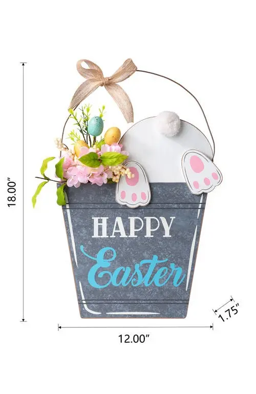 GLITZHOME 18"h Easter Wooden Bunny Eggs Door Hanger