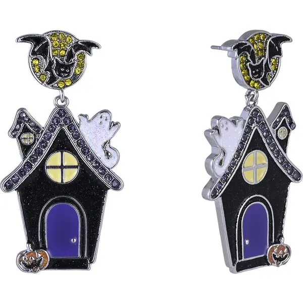 HALLMARK Haunted House Halloween Dangle Earrings With Ghost And Bat Motifs