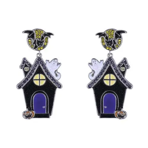 HALLMARK Haunted House Halloween Dangle Earrings With Ghost And Bat Motifs