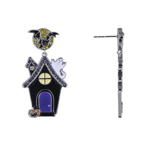 HALLMARK Haunted House Halloween Dangle Earrings With Ghost And Bat Motifs