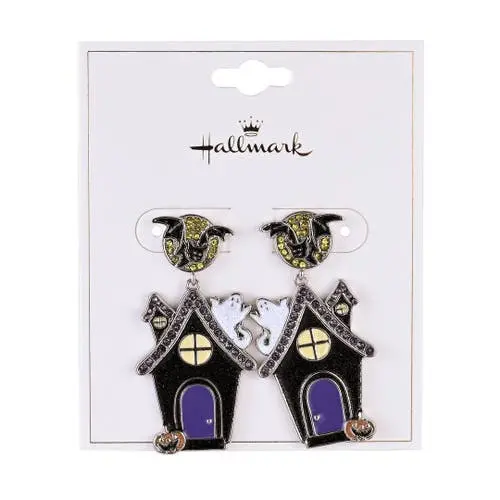 HALLMARK Haunted House Halloween Dangle Earrings With Ghost And Bat Motifs