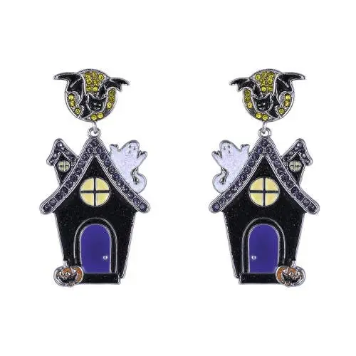 HALLMARK Haunted House Halloween Dangle Earrings With Ghost And Bat Motifs