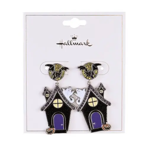 HALLMARK Haunted House Halloween Dangle Earrings With Ghost And Bat Motifs