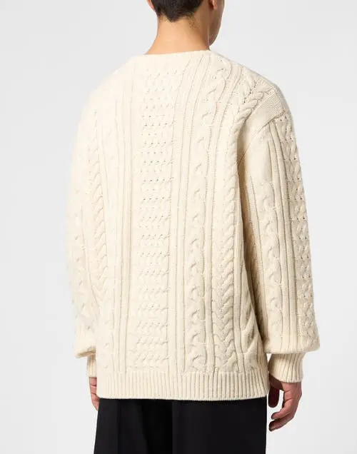 Philipp Plein Wool Cable Knit Pullover With Inlaid Lettering