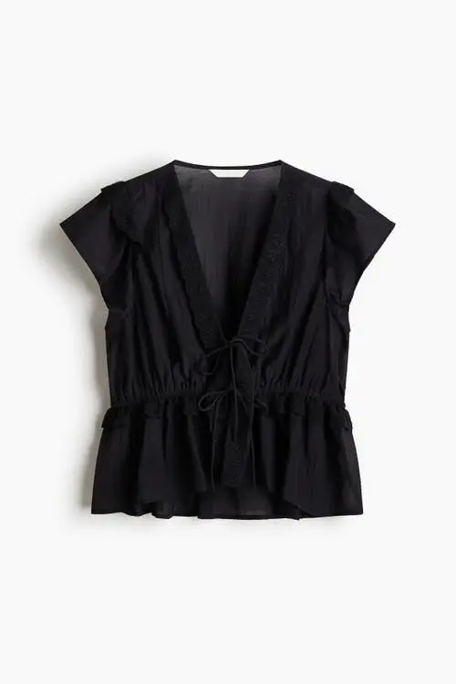 H&M Ruffled Embroidered V-neck Blouse - Black