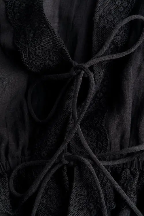 H&M Ruffled Embroidered V-neck Blouse - Black