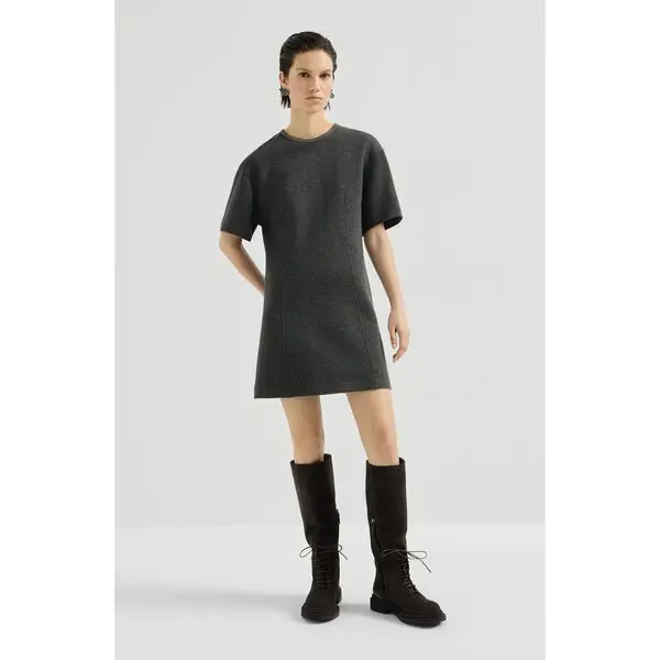 Brunello Cucinelli Techno Cotton And Cashmere Interlock T-shirt Dress With Precious Collar - Anthracite
