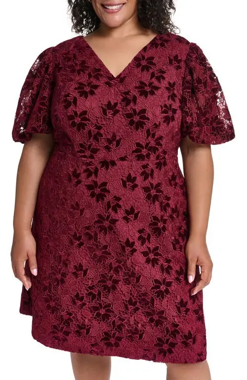 Eliza J A-line Lace & Velvet Dress With Puff Sleeves