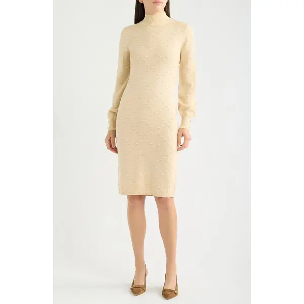 Anne Klein Bobble Diamond Stitch Long Sleeve Sweater Dress - Macadamia