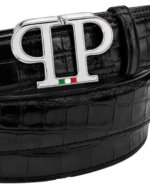 Philipp Plein Crocodile-effect Leather Belt With Pp Logo Buckle