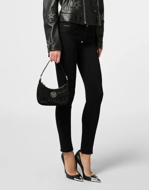Philipp Plein Suede Shoulder Bag With All-over Strass Embellishment - Black