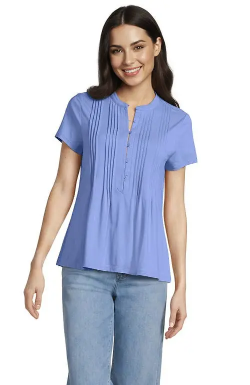 LANDS' END Tall Lightweight Jersey Button Pintuck Top - Clear Blue Sky