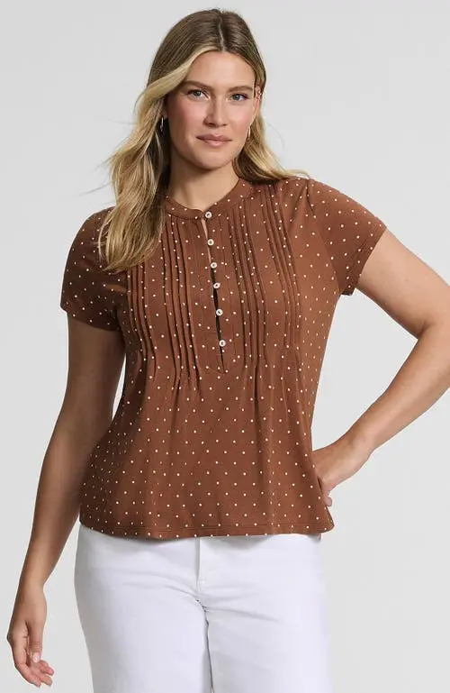LANDS' END Tall Lightweight Jersey Button Pintuck Top - Rich Ginger/ivory Mini Dot