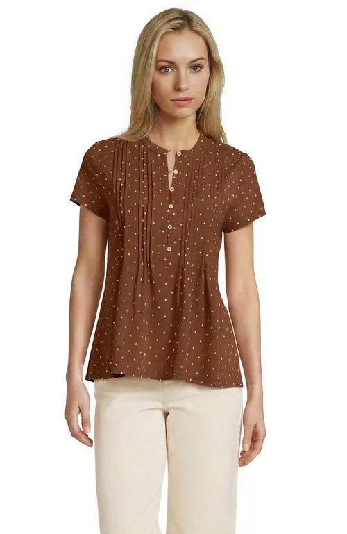LANDS' END Tall Lightweight Jersey Button Pintuck Top - Rich Ginger/ivory Mini Dot