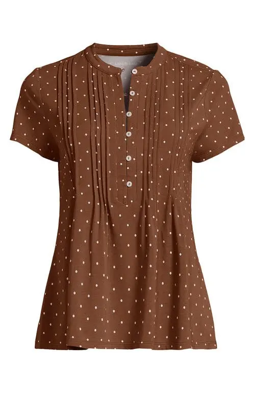 LANDS' END Tall Lightweight Jersey Button Pintuck Top - Rich Ginger/ivory Mini Dot