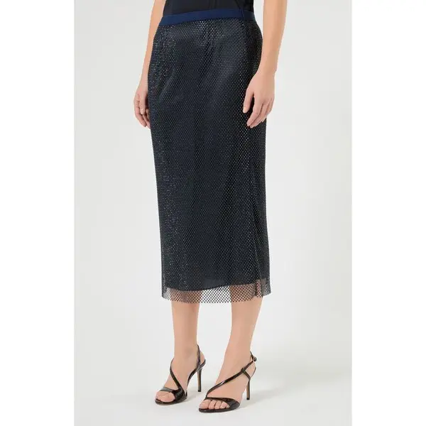 Marina Rinaldi Crystal Mesh Overlay Stretch Jersey Skirt - Midnight Blue