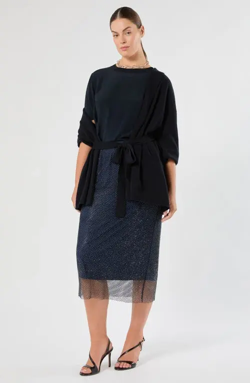 Marina Rinaldi Crystal Mesh Overlay Stretch Jersey Skirt - Midnight Blue