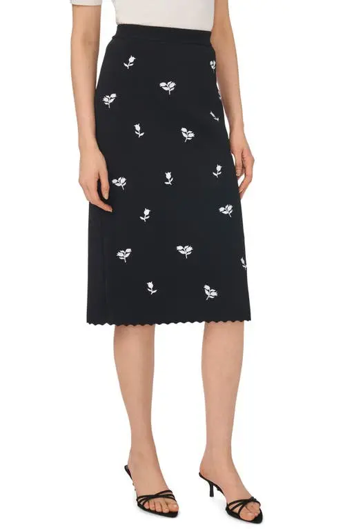 CECE DUPRAZ Embroidered Floral Midi Skirt With Scalloped Hem