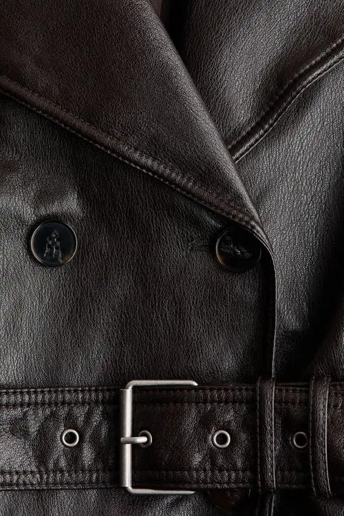 H&M Coated Double-breasted Biker Jacket With Belt