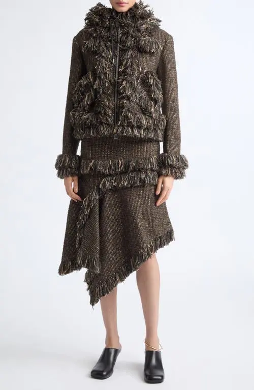 Sacai Fringe Asymmetric Wool Blend Tweed Skirt