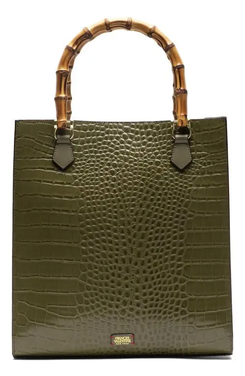 FRANCES VALENTINE Croc Embossed Leather Tote With Bamboo Handles - Olive