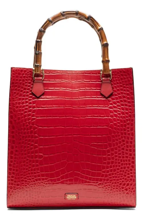 FRANCES VALENTINE Croc Embossed Leather Tote With Bamboo Handles - Red