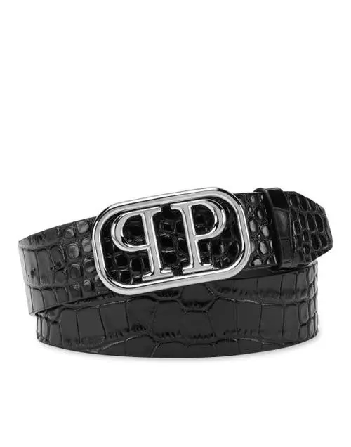 Philipp Plein Croc Effect Leather Belt With Skull Buckle - Black