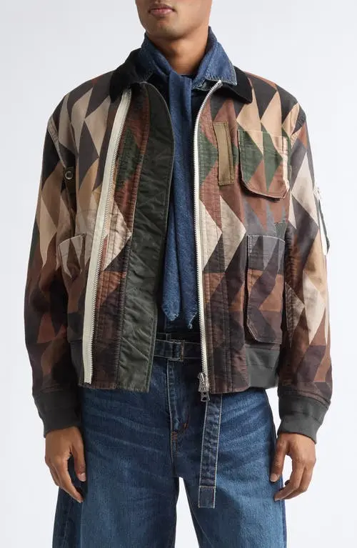 Sacai X A.p.c. Geometric Pattern Blouson With Corduroy Collar - Brown Multi