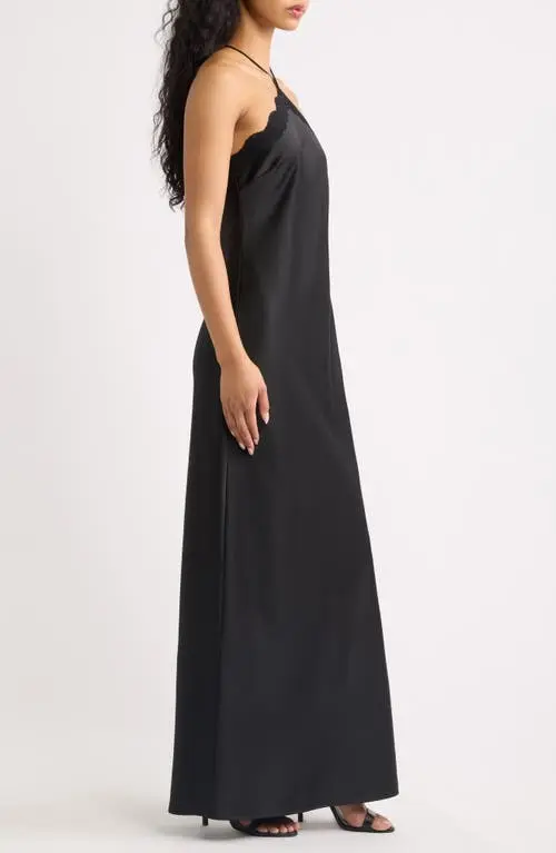 WAYF Lirien Lace Trim Halter Column Gown