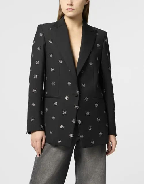 Philipp Plein Boyfriend Fit Blazer With Monogram Rhinestones