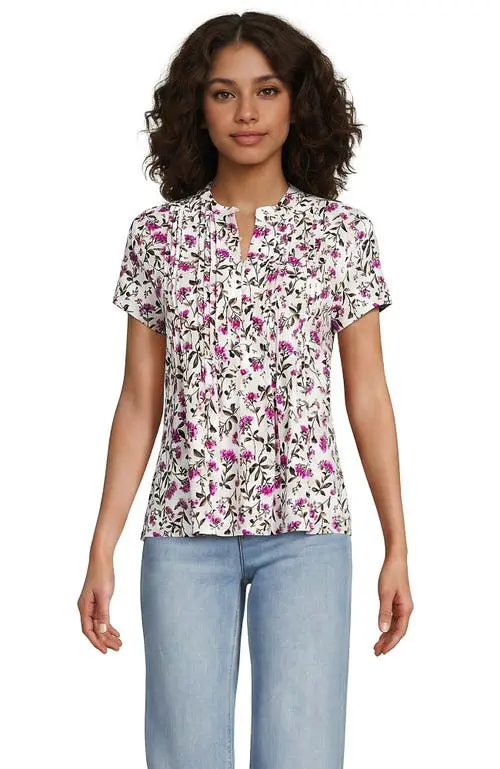 LANDS' END Tall Lightweight Jersey Button Pintuck Top - Ivory/pink Hydrangea