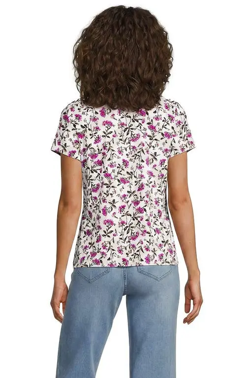 LANDS' END Tall Lightweight Jersey Button Pintuck Top - Ivory/pink Hydrangea
