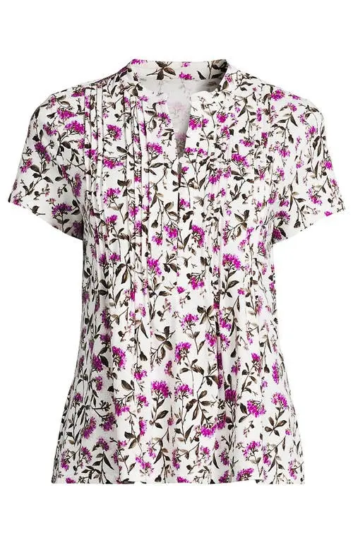 LANDS' END Tall Lightweight Jersey Button Pintuck Top - Ivory/pink Hydrangea
