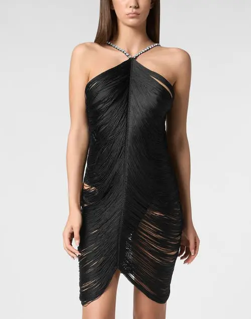 Philipp Plein Mini Dress With Draped Fringe And Asymmetric Hem - Black