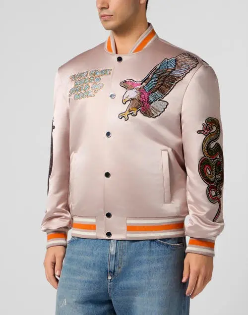 Philipp Plein Shiny Satin Bomber Jacket With Tattoo Patches And Rhinestones - Beige