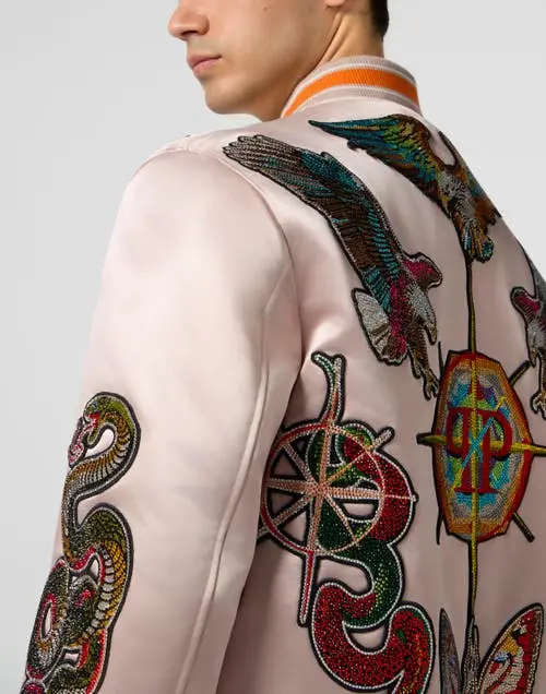 Philipp Plein Shiny Satin Bomber Jacket With Tattoo Patches And Rhinestones - Beige