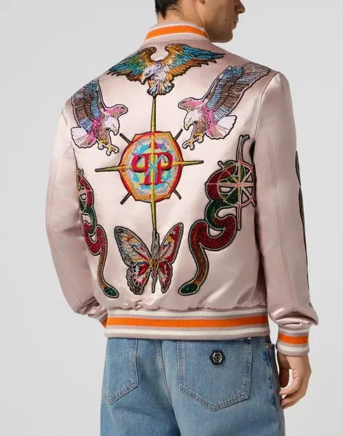 Philipp Plein Shiny Satin Bomber Jacket With Tattoo Patches And Rhinestones - Beige
