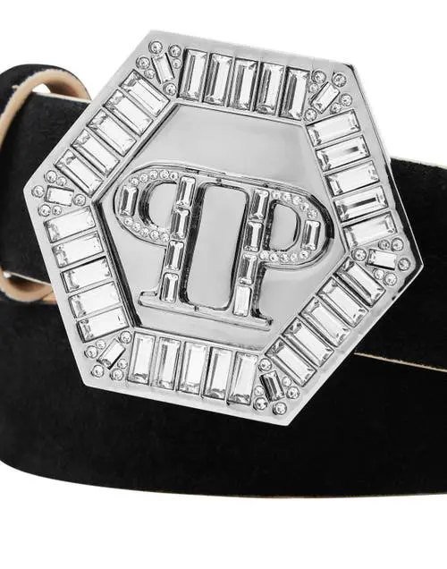 Philipp Plein Saffiano Leather Belt With Hexagonal Jewel Buckle