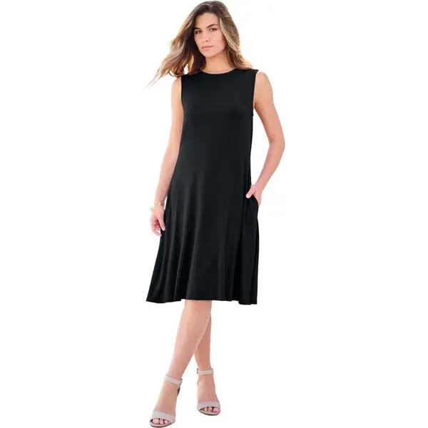 Roaman's Stretch Knit Two Pocket Swing Tank Dress - Black
