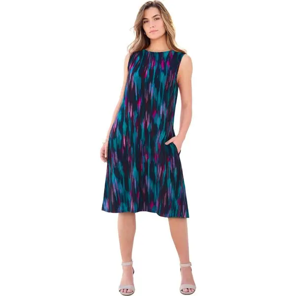 Roaman's Stretch Knit Two-pocket Swing Dress - Teal Multi Ikat Texture