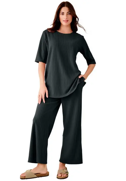 Roaman's Ribbed Knit Cropped Pant Set - Black