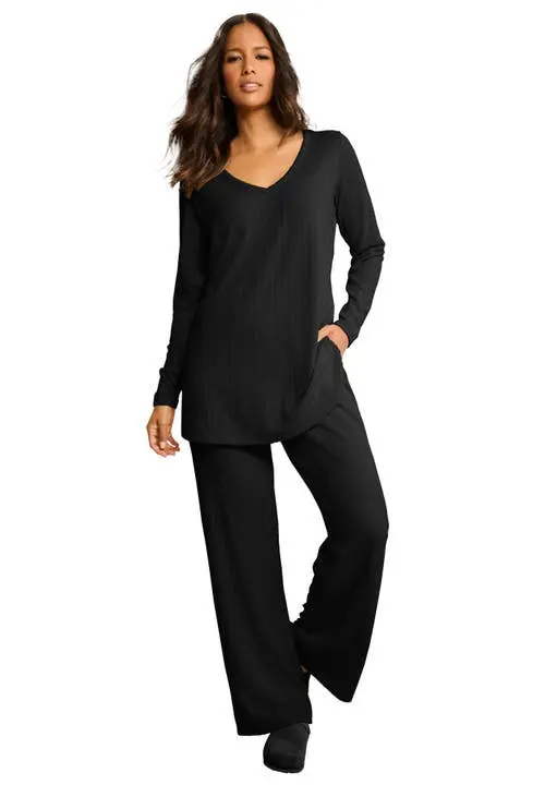 Roaman's Brushed Ribbed V-neck Top And Wide-leg Pant Set - Black