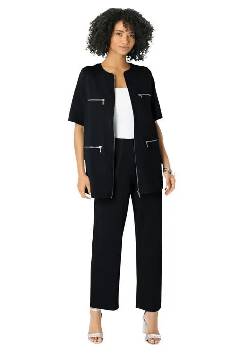 Roaman's French Terry Cropped Pant Set - Black