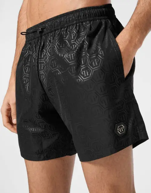 Philipp Plein Metallic Logo Patch Beachwear Short Trousers