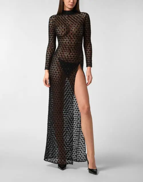 Philipp Plein Embroidered Long Dress Crystal