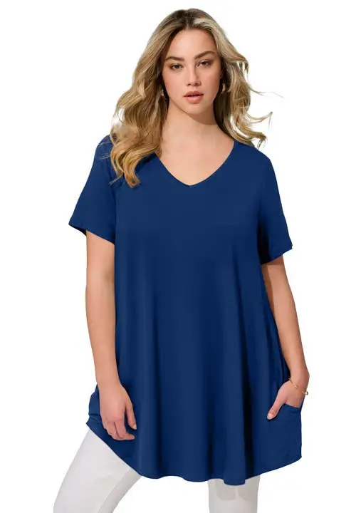 Roaman's Ultra Drape V-neck Short Sleeve Swing Tunic - Evening Blue