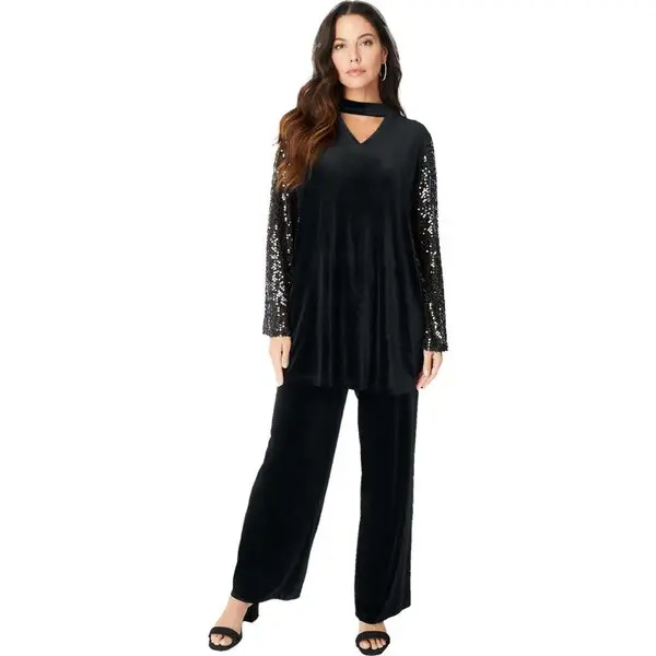 Roaman's Velour Keyhole Mock Neck Top And Wide Leg Pant Set With Sequined Sleeves - Black