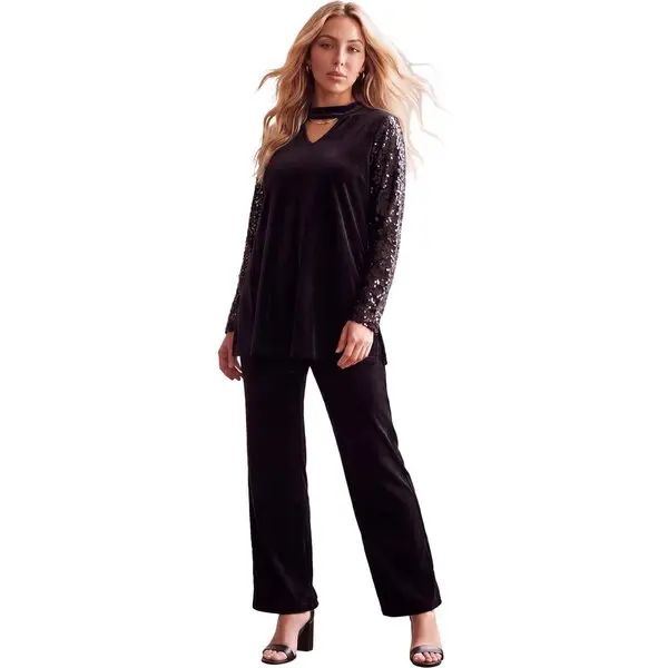 Roaman's Velour Keyhole Mock Neck Top And Wide Leg Pant Set With Sequined Sleeves - Black