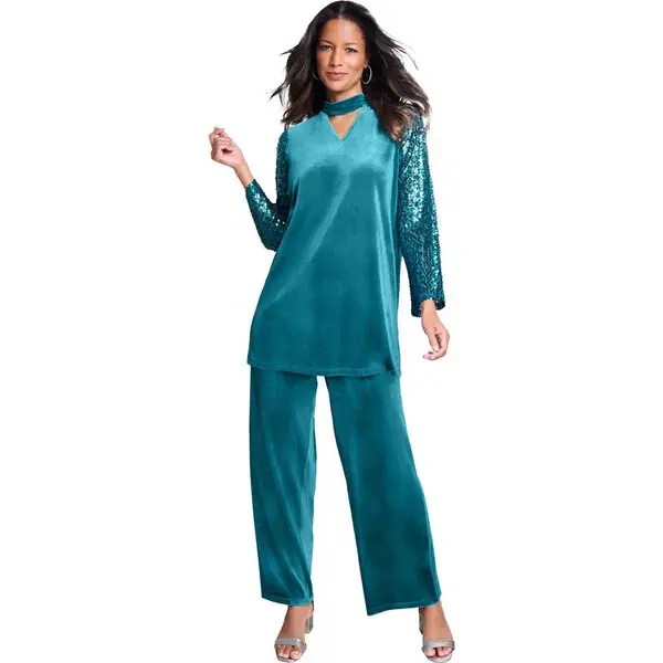 Roaman's Velour Keyhole Mock Neck Top And Wide Leg Pant Set With Sequined Sleeves - Deep Teal