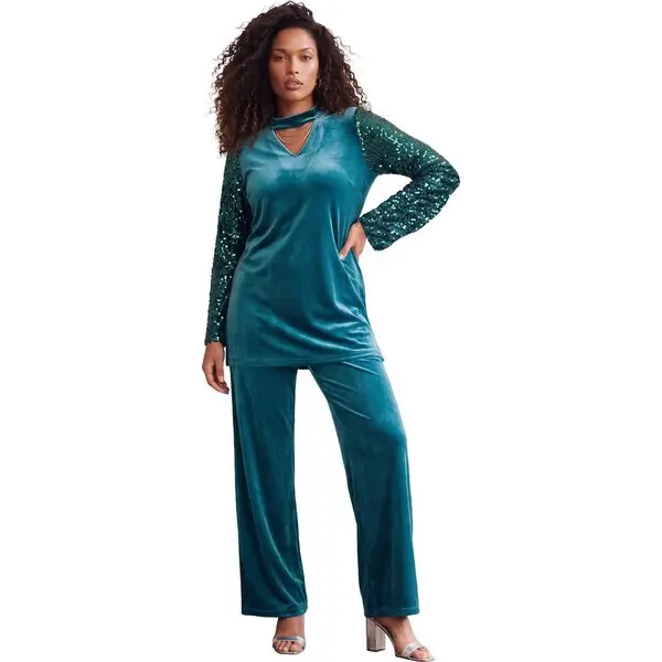 Roaman's Velour Keyhole Mock Neck Top And Wide Leg Pant Set With Sequined Sleeves - Black